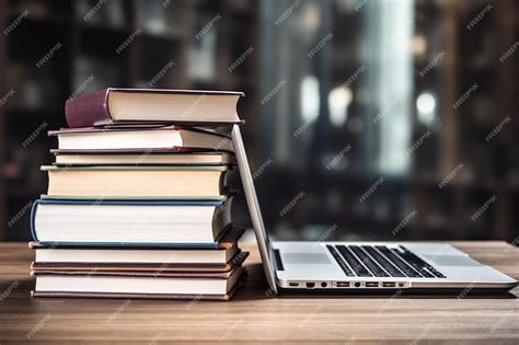 premium photo a stack of books and a laptop on a desk with a stack of
