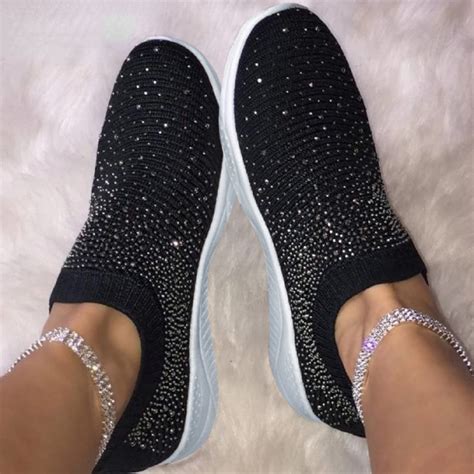 여자의 숙 녀 발목 신발 플랫로 퍼 크리스탈 패션 블 링 스 니 커 즈 캐주얼 숙 녀 슬립 통기성 캐주얼 신발에 Xsw