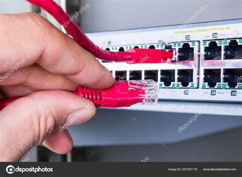 Hand Administrator Plugging Red Patch Cable Empty Switchboard — Stock