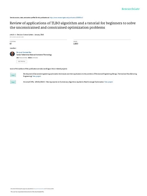 Review Of Applications Of Tlbo Algorithm And A Tut Pdf Pdf Mathematical Optimization