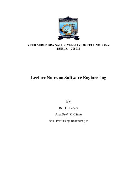 Lecture Notes On Software Engineering Veer Surendra Sai University Of Technology Burla