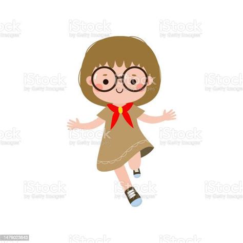 행복한 귀여운 작은 아이 착용 스카우트 명예 유니폼 어린이 소녀 스카우트 만화 플랫 캐릭터 고립 된 벡터 일러스트 레이 션 흰색 배경에 관광객에 대한 스톡 벡터 아트 및