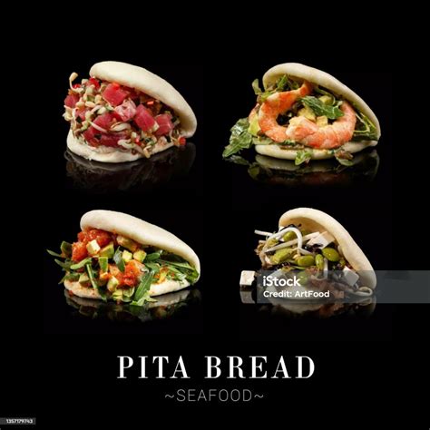 텍스트 공간이있는 검은 배경 준비 음식 배너에 고립 된 해산물이있는 피타 빵 샌드위치 세트 샌드위치 음식에 대한 스톡 사진 및 기타 이미지 샌드위치 음식 피타 빵