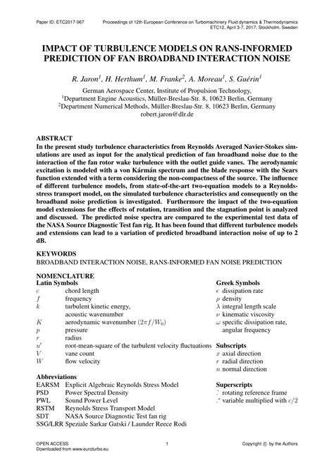 Pdf Impact Of Turbulence Models On Rans Informed Prediction Of Fan