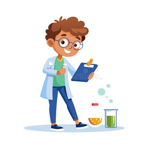 Young Scientist Boy Experimenting With Chemicals And Taking Notes Cartoon Illustration Stock