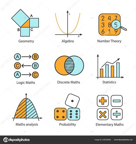 Mathematics Color Icons Set Algebra Geometry Logic Discrete Elementary