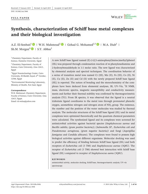 Synthesis Characterization Of Schiff Base Metal Complexes And Their Biological Investigation