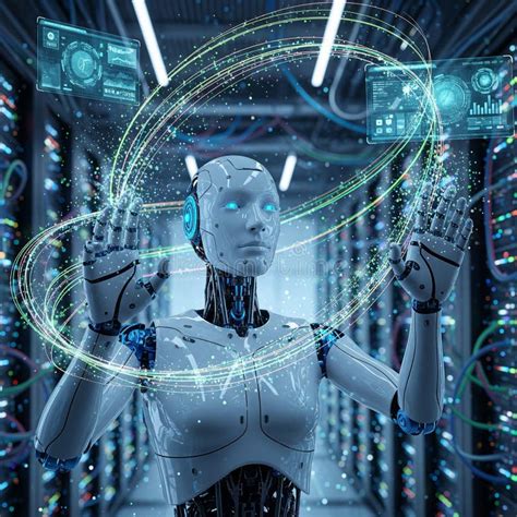 Female Humanoid Robot Interacting With Virtual Data In Server Room Stock Image Image Of