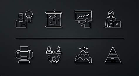 램프 전구 프린터 사업가 산 깃발 프로젝트 팀 기지 계획 전략 개념 피라미드 차트 인포그래픽 및 교육 프레젠테이션 아이콘으로 라인 인간을 설정합니다 벡터 아바타에 대한 스톡