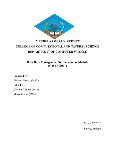 Database Module Mekdelaamba University College Of Computational And