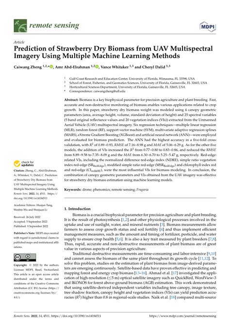 Pdf Prediction Of Strawberry Dry Biomass From Uav Multispectral Imagery Using Multiple Machine