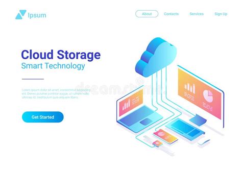 Cloud Storage Mobile App Concept Flat Line Art Vector Icons Stock