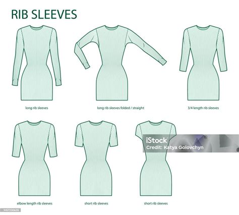 리브 소매 옷 세트는 긴 짧은 34 팔꿈치 길이 접힌 스트레이트 스트레이트 테크니컬 패션 일러스트레이션과 몸에 맞는 옷 플랫 의류 템플릿 앞면 여성 남성 남녀 공용 Cad