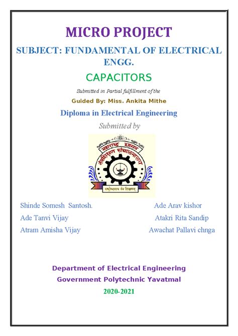 Fee Micro Project 1st Group Micro Project Subject Fundamental Of Electrical Engg Capacitors
