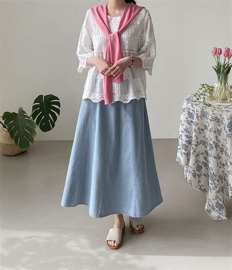 네츄럴모모 플레어 데님 밴딩 롱스커트2c