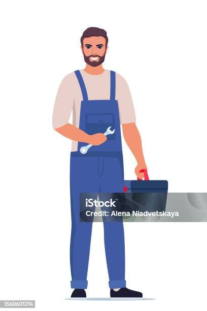 도구 상자를 가진 수리공 또는 정비사 손에 렌치를 들고 제복을 입은 남자 캐릭터 벡터 그림입니다 남자에 대한 스톡 벡터 아트 및 기타 이미지 Istock
