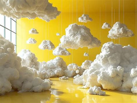 Premium Ai Image 3d Render Abstract Minimal Yellow Background With White Clouds Flying Out The