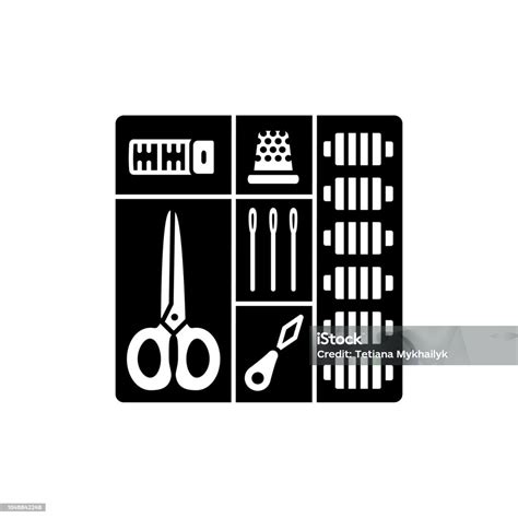 상자에 바느질 키트의 블랙 화이트 벡터 일러스트 퀼트 패치워크 및 바느질 도구 한 세트의 평면 아이콘입니다 가 위 실 바늘 흰색 배경에 고립 0명에 대한 스톡 벡터 아트 및