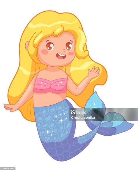 긴 머리와 파란 물고기 꼬리를 가진 귀여운 금발 인어 베이비 샤워 상품 옷에 대 한 유치한 스타일의 벡터 일러스트 레이 션 가공의 인물에 대한 스톡 벡터 아트 및 기타