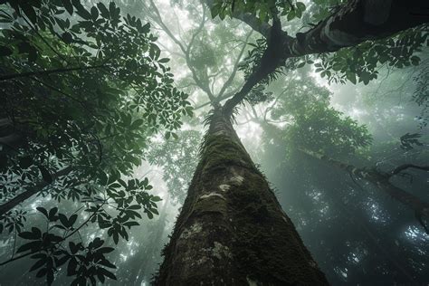 Dense Amazon Rainforest Canopy With Mist Swirling Around Ancient Trees