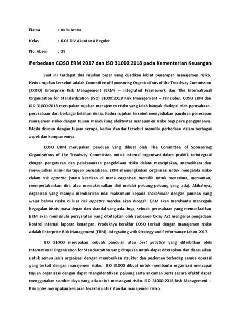Perbedaan Coso Erm 2017 Dan Iso 31000 2018 Pada Kementerian Keuangan Pdf