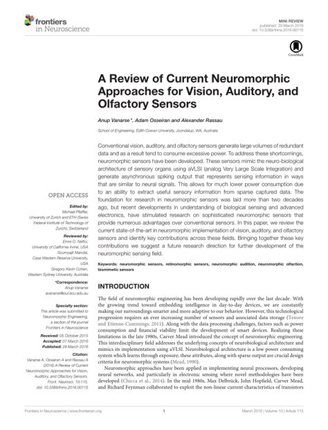 Pdf A Review Of Current Neuromorphic Approaches For Vision Auditory And Olfactory Sensors