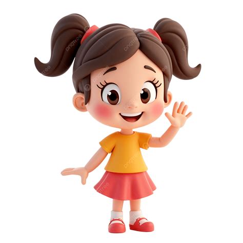 Feliz Niña Animada Con Vestido Naranja Que Ondea La Mano Con Ojos