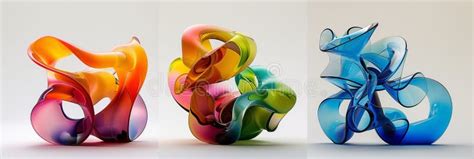 Three Different Colored Glass Sculptures Each With An Abstract Shape And Colorful Color Scheme