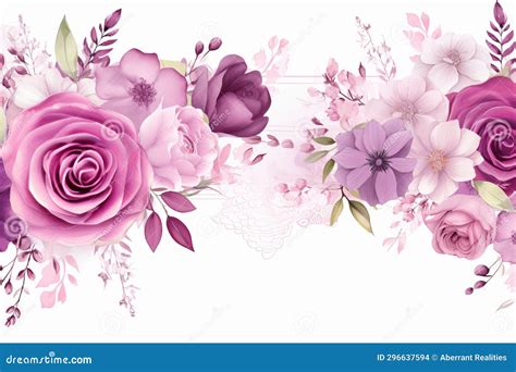 Floral Border With Pink And Purple Roses On A White Background Stock