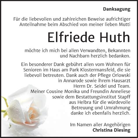 Traueranzeigen Von Elfriede Huth Abschied Nehmende