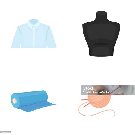 남자의 셔츠 마네킹 직물의 롤 스레드 및 뜨개질 바늘의 공 공 방 만화 스타일 벡터 기호 재고 일러스트 웹에서 컬렉션 아이콘을 설정합니다 0명에 대한 스톡 벡터 아트 및