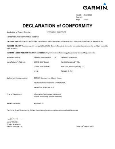 Garmin Declarations Of Conformity Approach S3