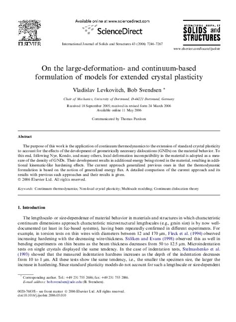 Pdf On The Large Deformation And Continuum Based Formulation Of Models For Extended Crystal