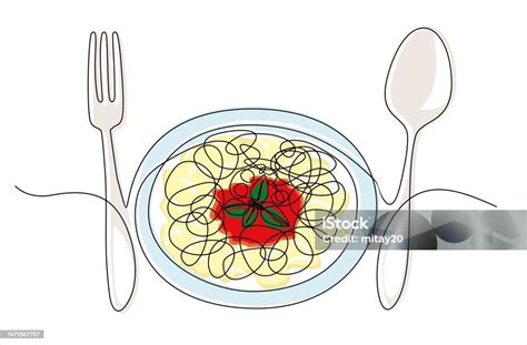 포크와 나이프로 맛있는 스파게티의 단일 연속 선 그리기 이탈리아 파스타 국수 레스토랑 개념 손 그리기 라인 아트 디자인 벡터