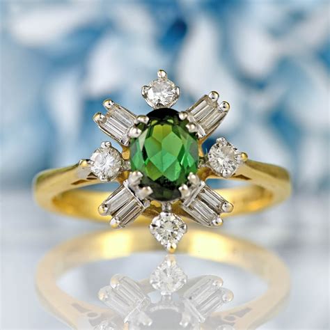 Vintage 1975 Green Tourmaline And Diamond 18ct Gold Ring Ellibelle
