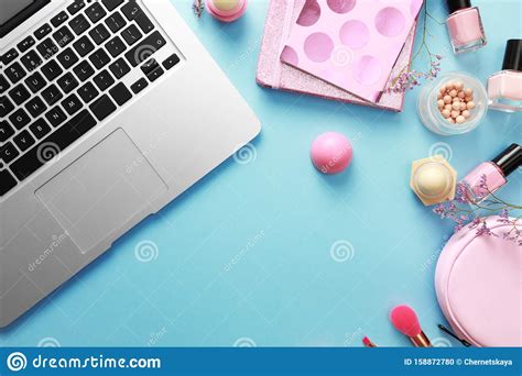 Flat Lay Composition With Laptop Beauty Blogger S Workplace Stock Photo Image Of Color