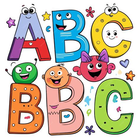 Colorful Cartoon Letters Abc With Funny Faces Stars And Flowers On