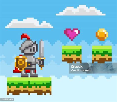 픽셀 아트 스타일 게임 아케이드 플레이에서 기사 적과 싸우는 칼과 방패가 있는 캐릭터 픽셀 아트에 대한 스톡 벡터 아트 및 기타