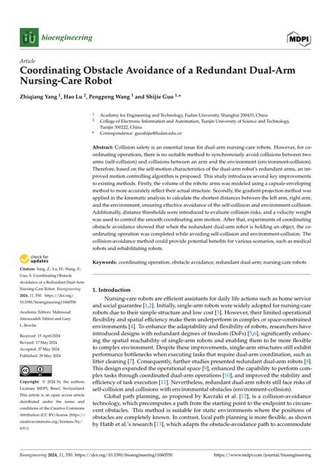 Pdf Coordinating Obstacle Avoidance Of A Redundant Dual Arm Nursing Care Robot