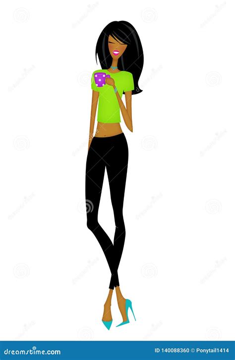 Fashion Illustration Of A Pretty Black Girl Drinking Coffee Or Tea