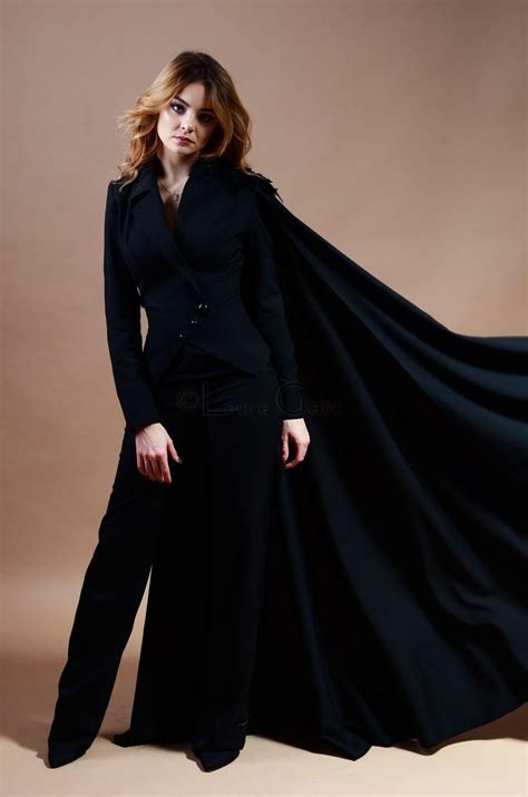 Cape Suit With Feathers Lace And Beads Black Suit For Women