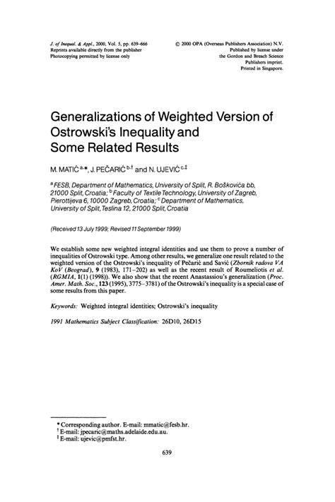 Pdf Generalizations Of Weighted Version Of Ostrowskis Inequality And Some Related Results