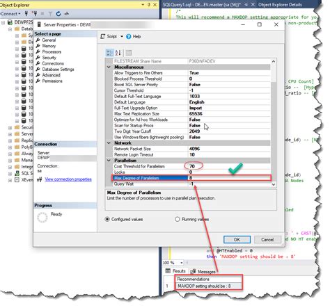 how to check the configuration of the mssql database for product 360