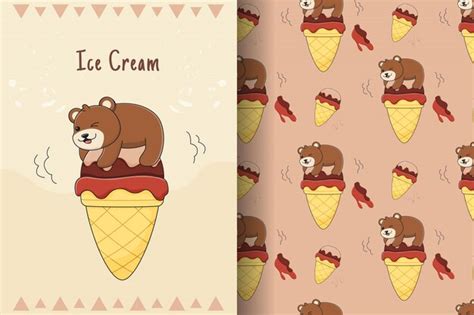 귀여운 아이스크림 곰 원활한 패턴 및 카드 프리미엄 벡터