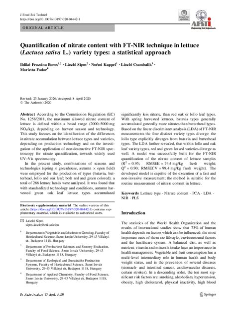 Pdf Quantification Of Nitrate Content With Ft Nir Technique In Lettuce Lactuca Sativa L
