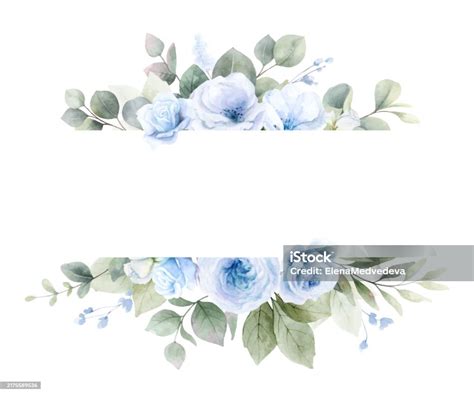 수채화 벡터 꽃 프레임 테두리 와 푸른 장미 꽃 와 유칼립투스 브랜치 크리스마스 카드 웨딩 문구 인사말 월페이퍼 패션에 적합합니다 손으로 그린 그림입니다 개화기에 대한 스톡