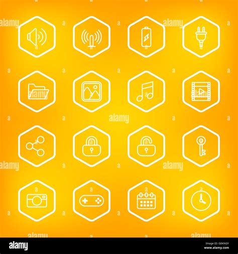 JPEG White Line Web Icon Set With Hexagon Frame For Web UI Infographic And Mobile Apps Stock