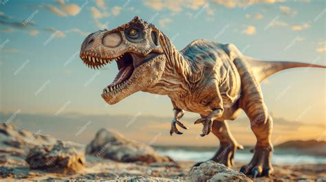 Realistic Model Of Tyrannosaurus Rex Standing On Rocky Shore With