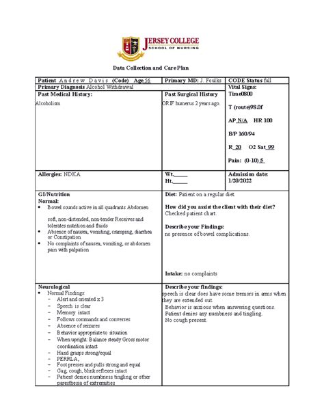 Care Plan Form 2andrewdavis Data Collection And Care Plan Patient A