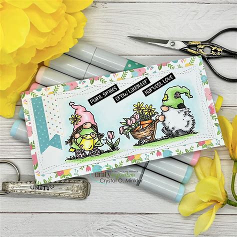 Crystal O Minkler Mini Slimline Card ~ Garden Gnomes ~ Unity Stamp Co